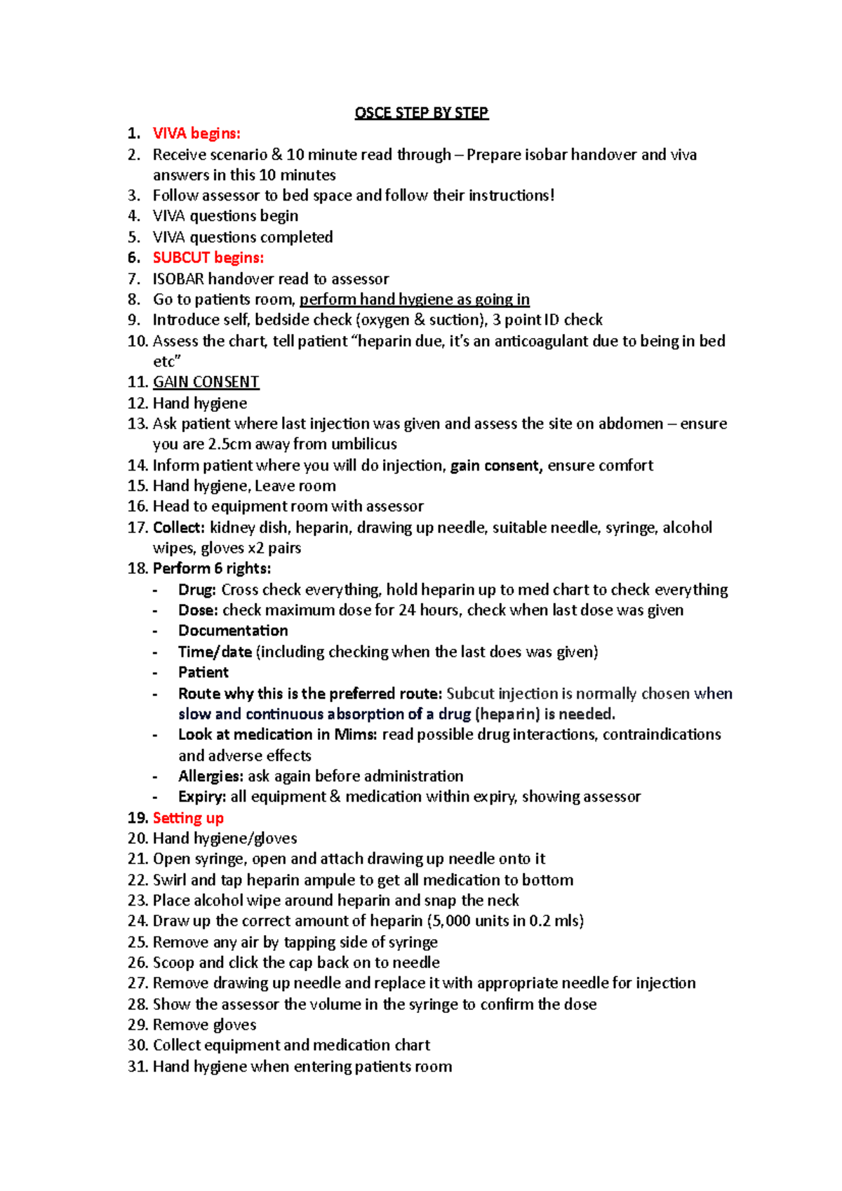 OSCE SUBCUT Injection Steps Guide for Nursing Practice - Studocu
