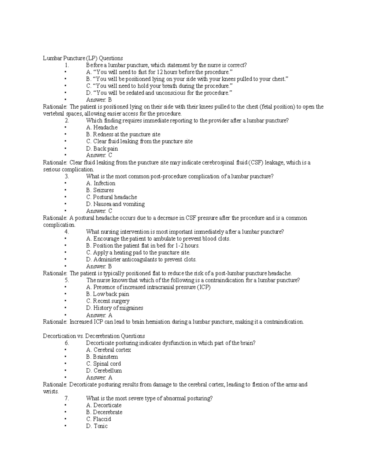 Unit10ms - Unit 10 notes - Lumbar Puncture (LP) Questions 1. Before a ...