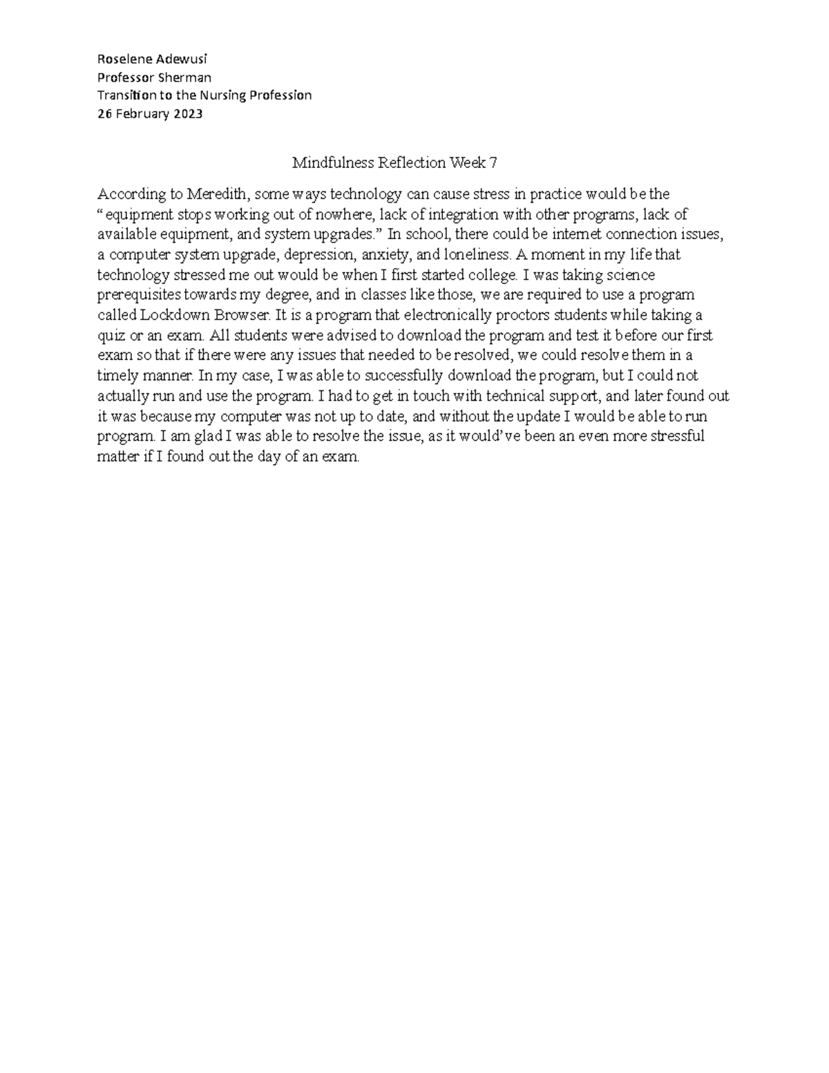Mindfulness Reflection Wk 7 - Tech Stress in Nursing Transition - Studocu