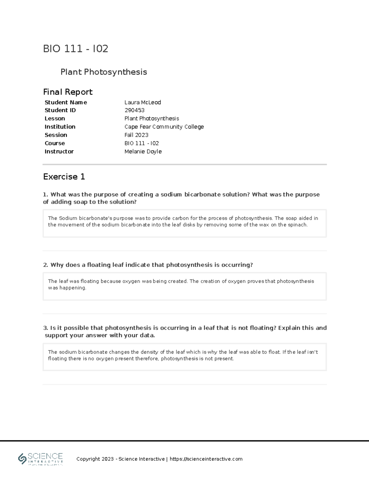 BIO 111 (I02) Final Report on Plant Photosynthesis Experiments - Studocu