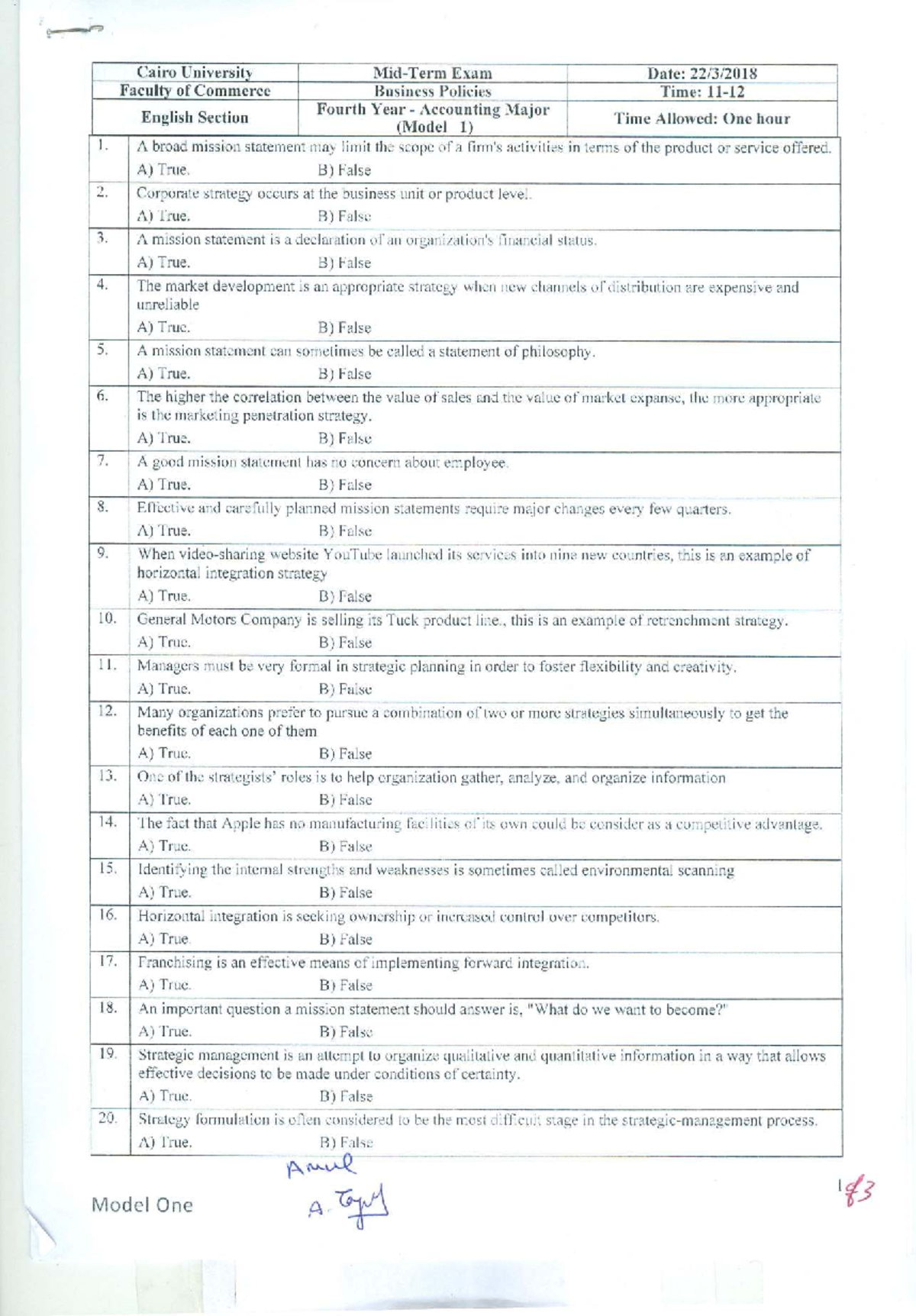 Cairo University 2018 Midterm Exam: Business Policies for Accounting ...
