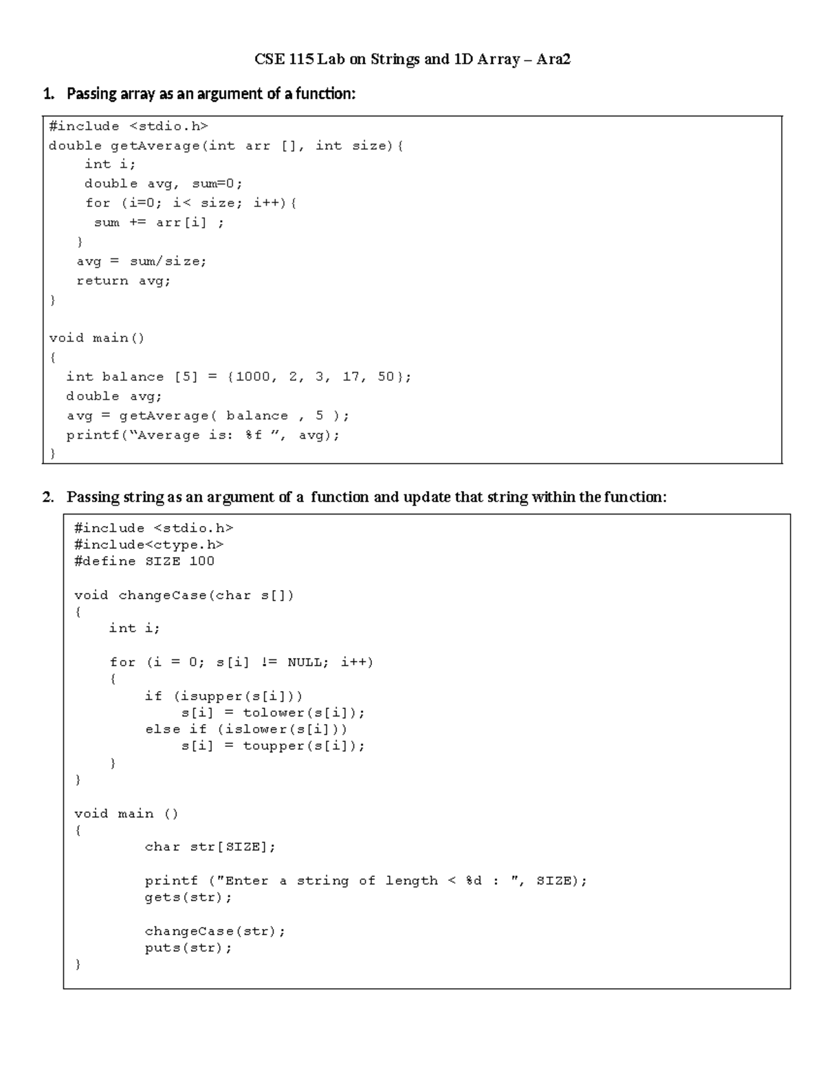 CSE 115 Lab Manual: Strings & 1D Array Passing Techniques - Studocu
