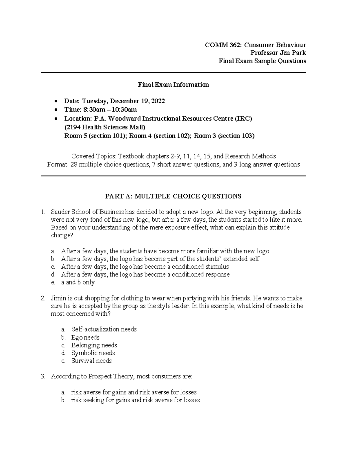 COMM362 Final Exam Sample Qs & Covered Topics Summary - Studocu