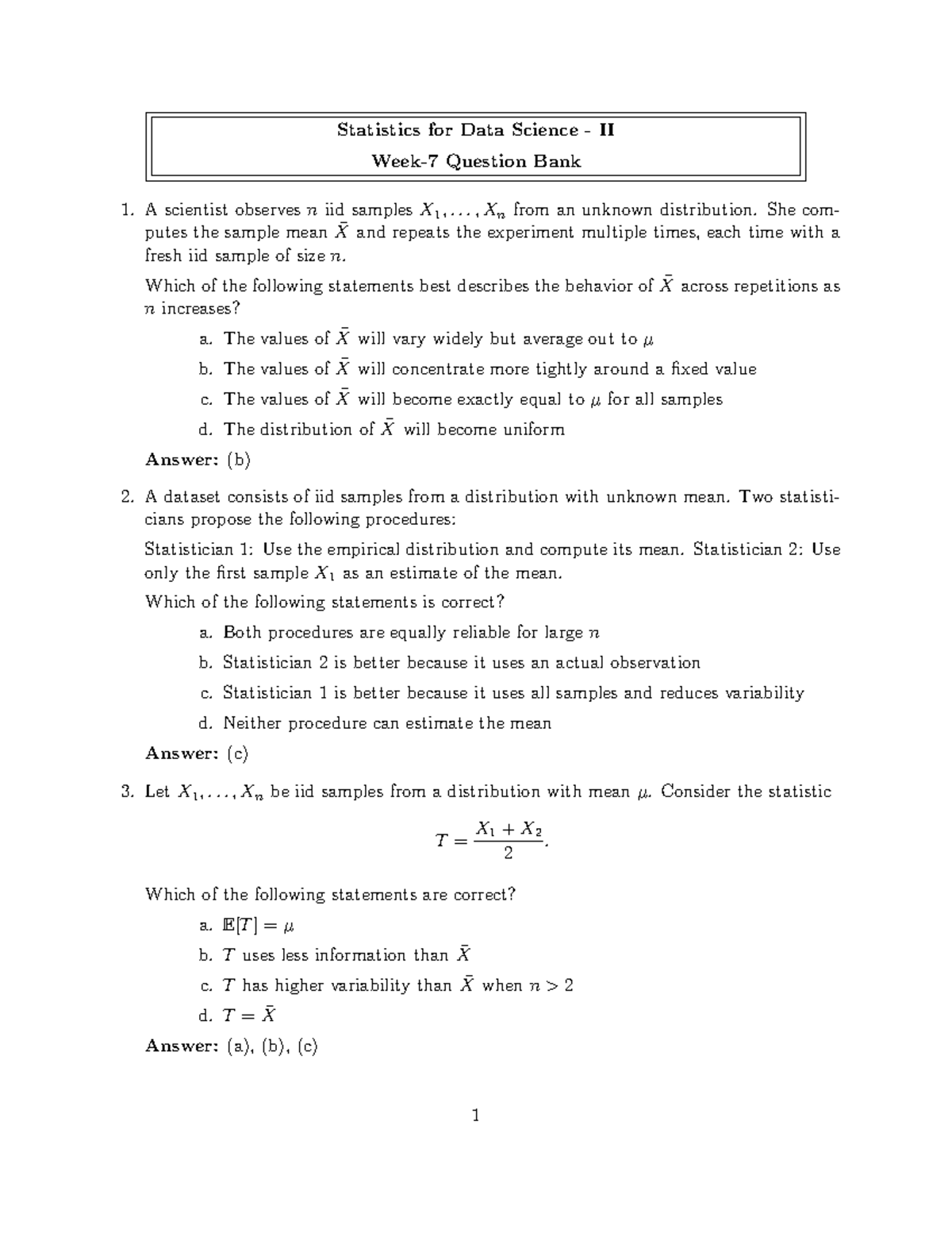 Statistics for Data Science II Week-7 Practice Questions - Studocu