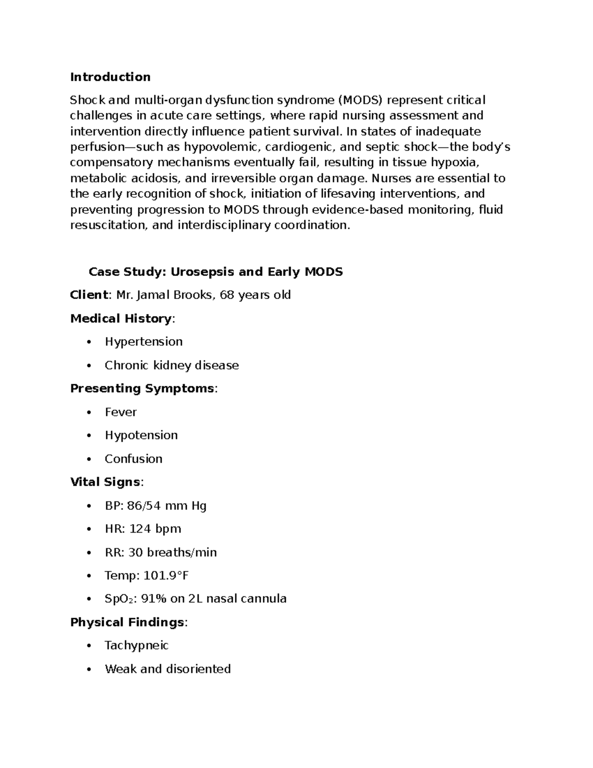 MODS Case Study: Early Recognition & Nursing Interventions - Studocu