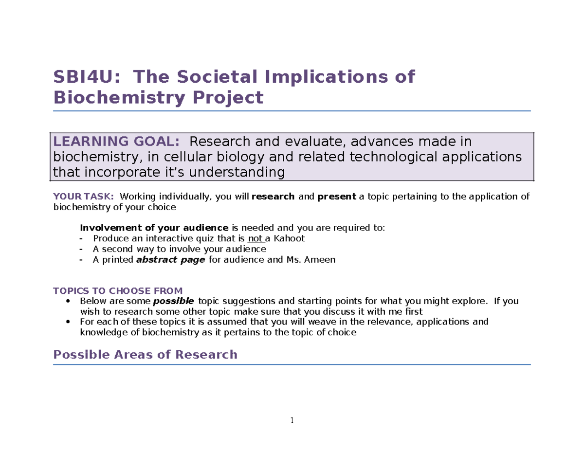 Biochem Research Presentation Outline 23 - SBI4U: The Societal ...