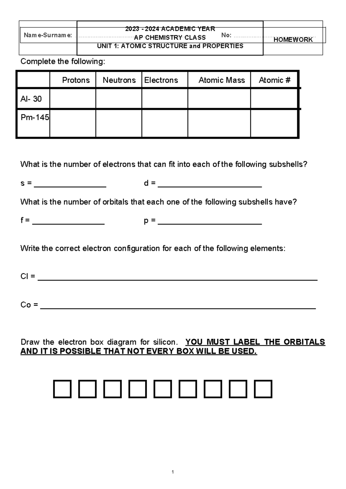 AP CHEMISTRY HW UNIT 1: ATOMIC STRUCTURE & PROPERTIES - Studocu
