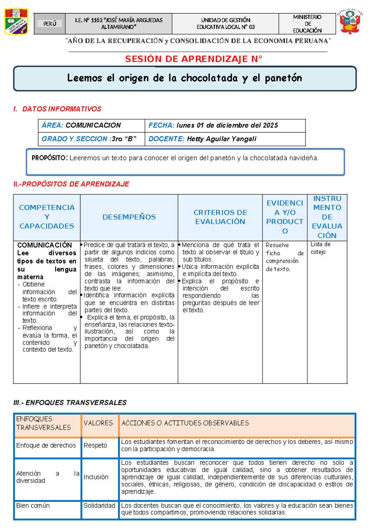 I.E. 1163 - Sesión de Aprendizaje: Origen del Panetón y Chocolatada ...