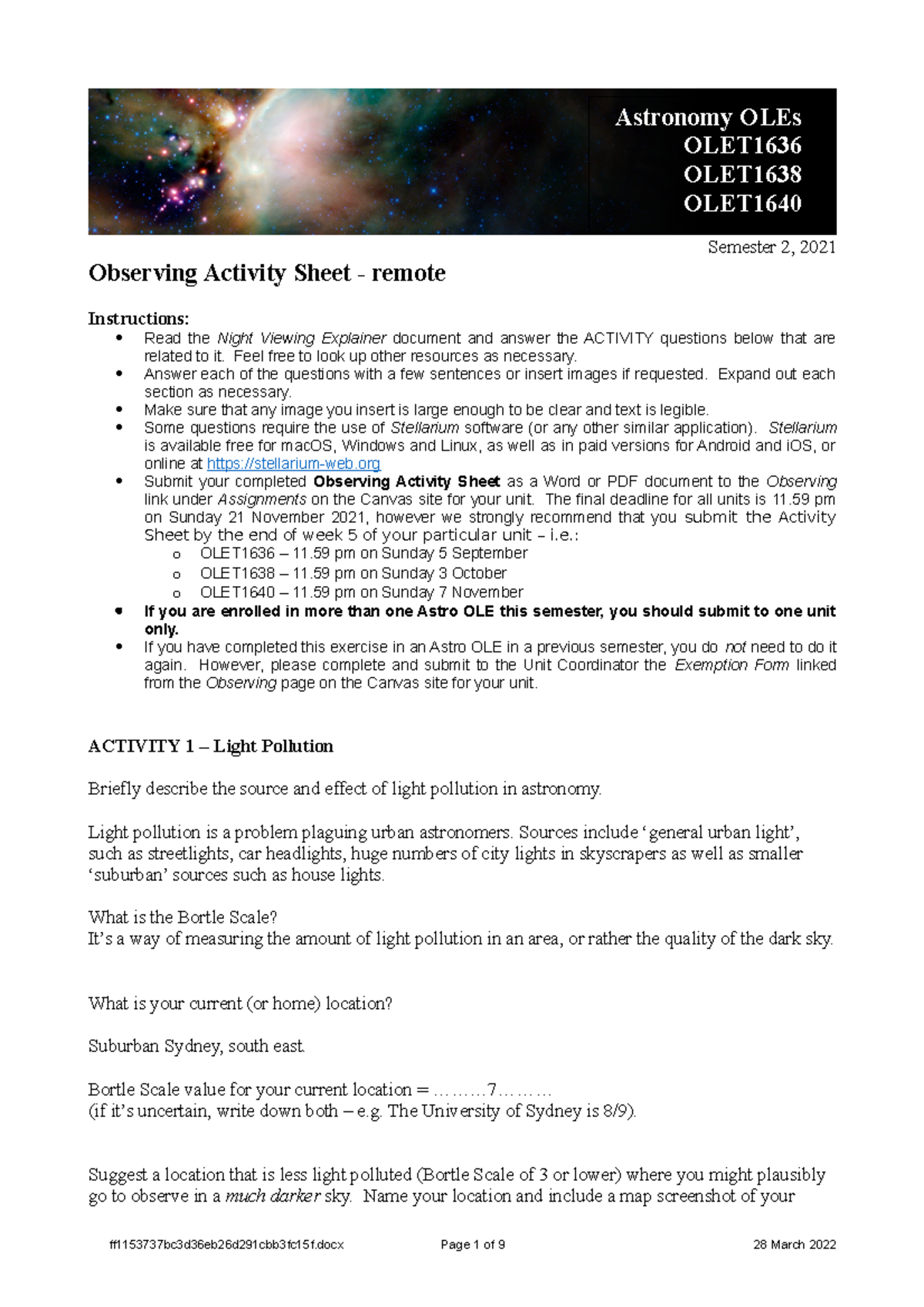 Observing Activity Sheet remote template - Astronomy OLEs OLET1636 ...