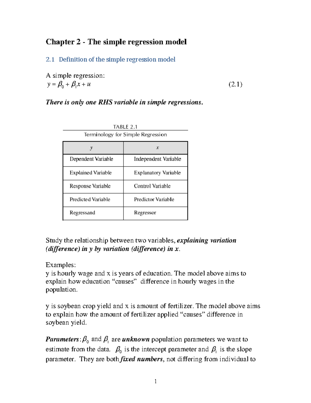 Chapter 2: Understanding the Simple Regression Model in Econ2500 - Studocu