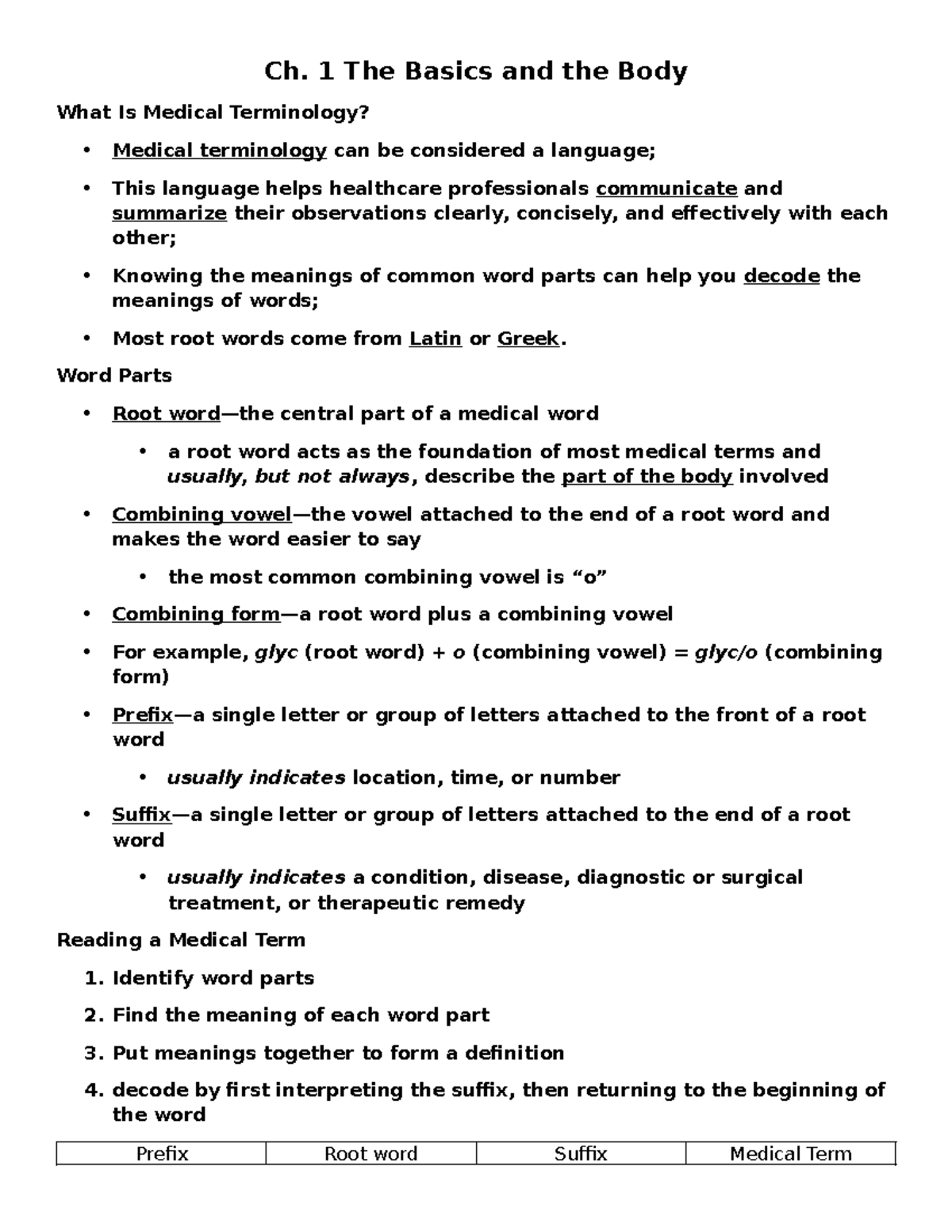 Ch. 1 & 2 Medical Terminology Basics: Key Concepts & Definitions - Studocu