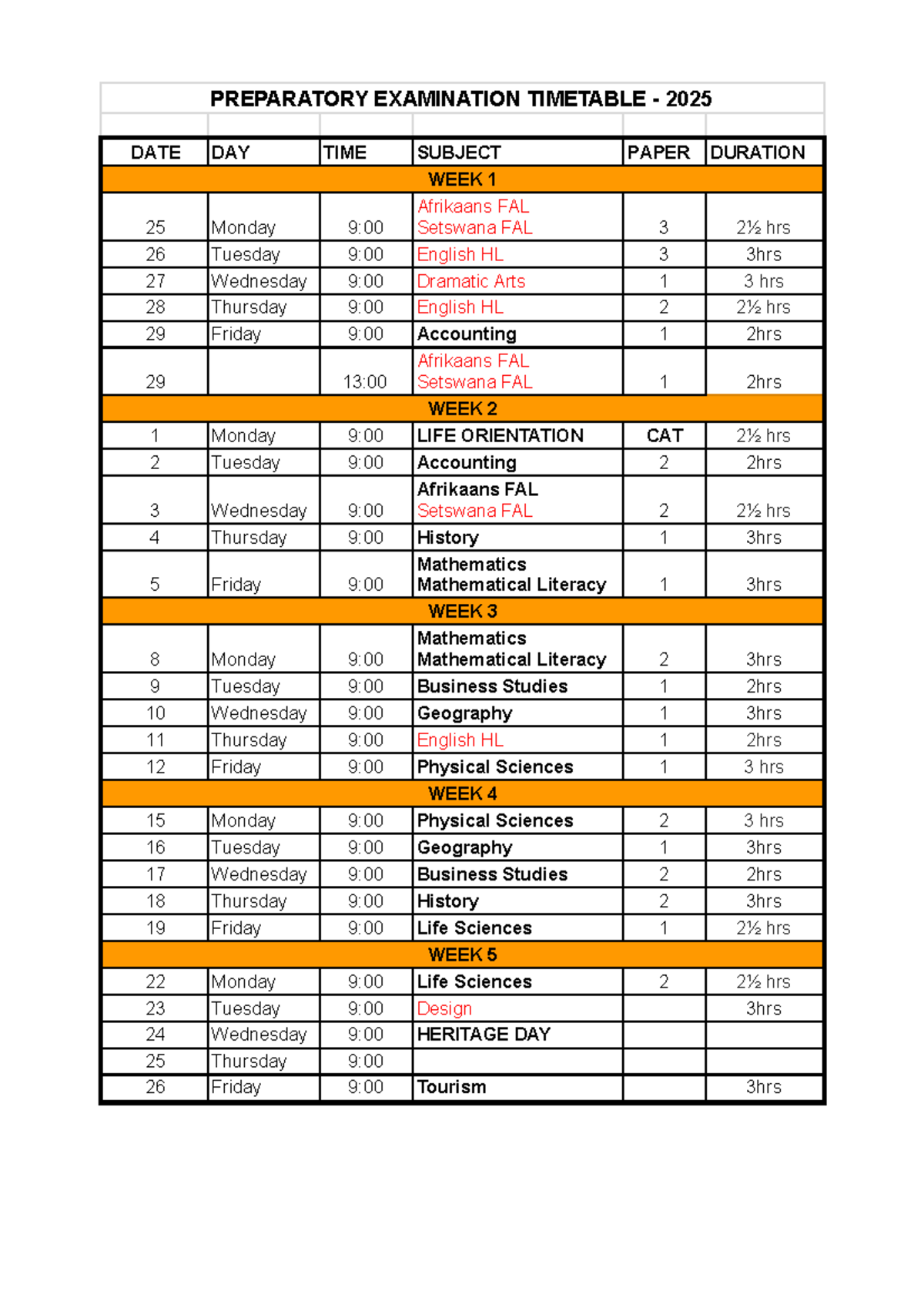 Preparatory Exam Timetable 2025 - V1 - Studocu