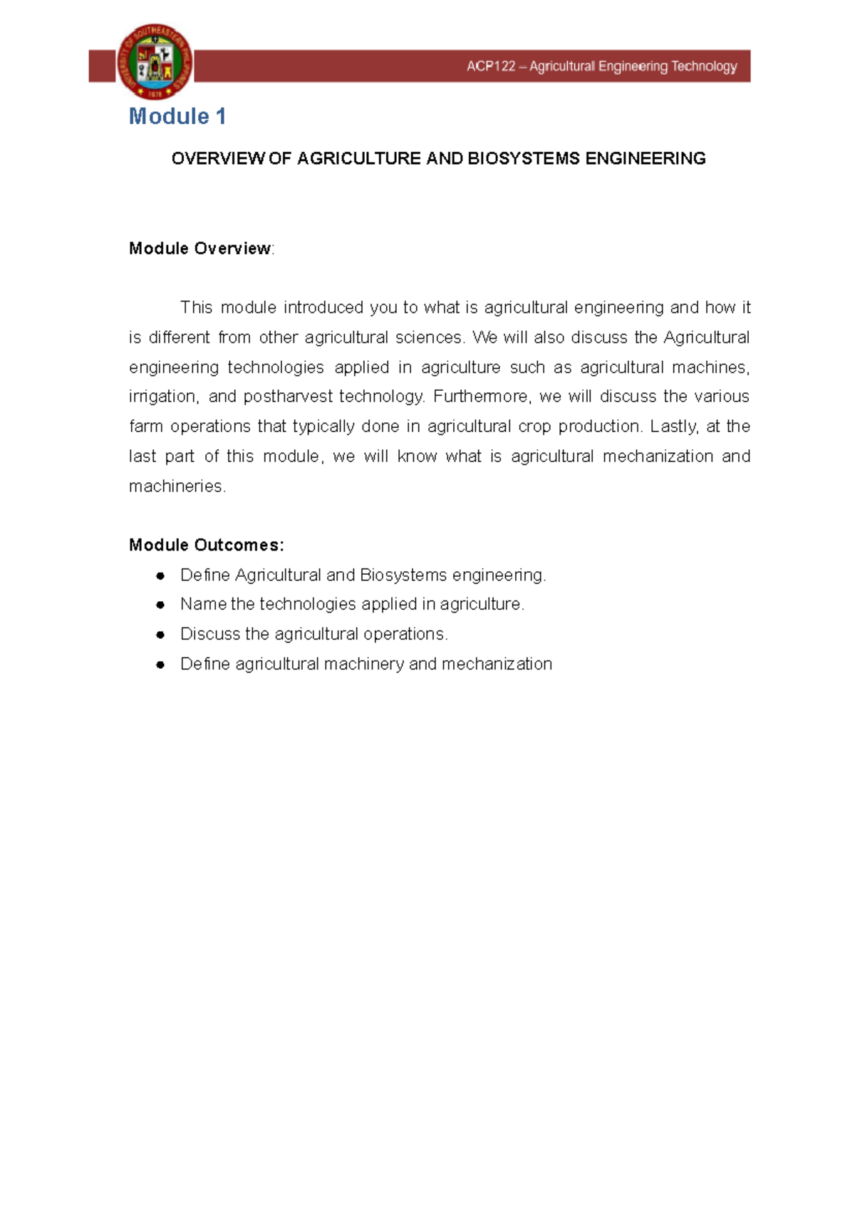 ACP 112- Module 1 Lesson 1 (1) - Module 1 OVERVIEW OF AGRICULTURE AND ...