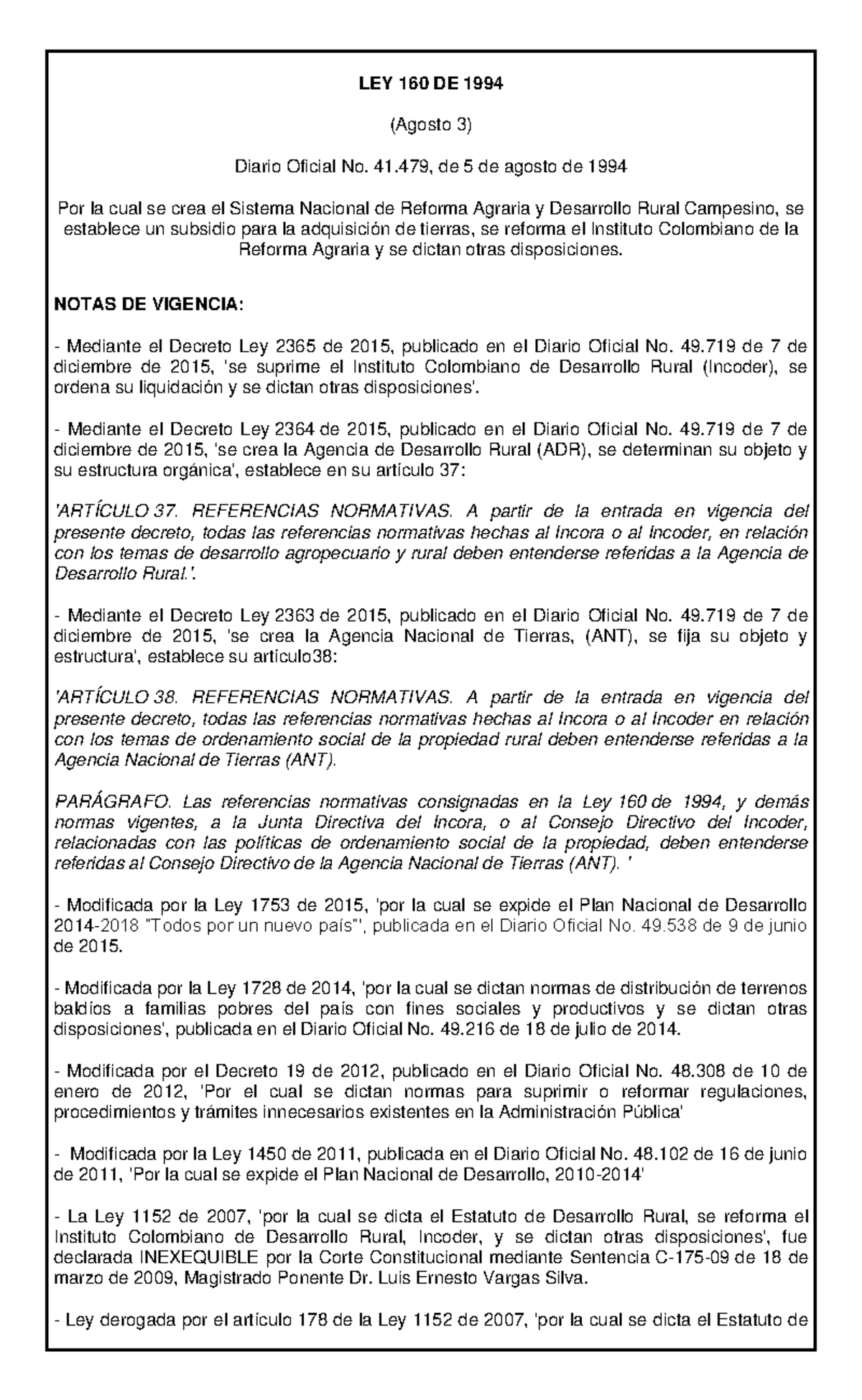 Ley 160 de 1994 - Ninguna - LEY 160 DE 1994 (Agosto 3) Diario Oficial ...