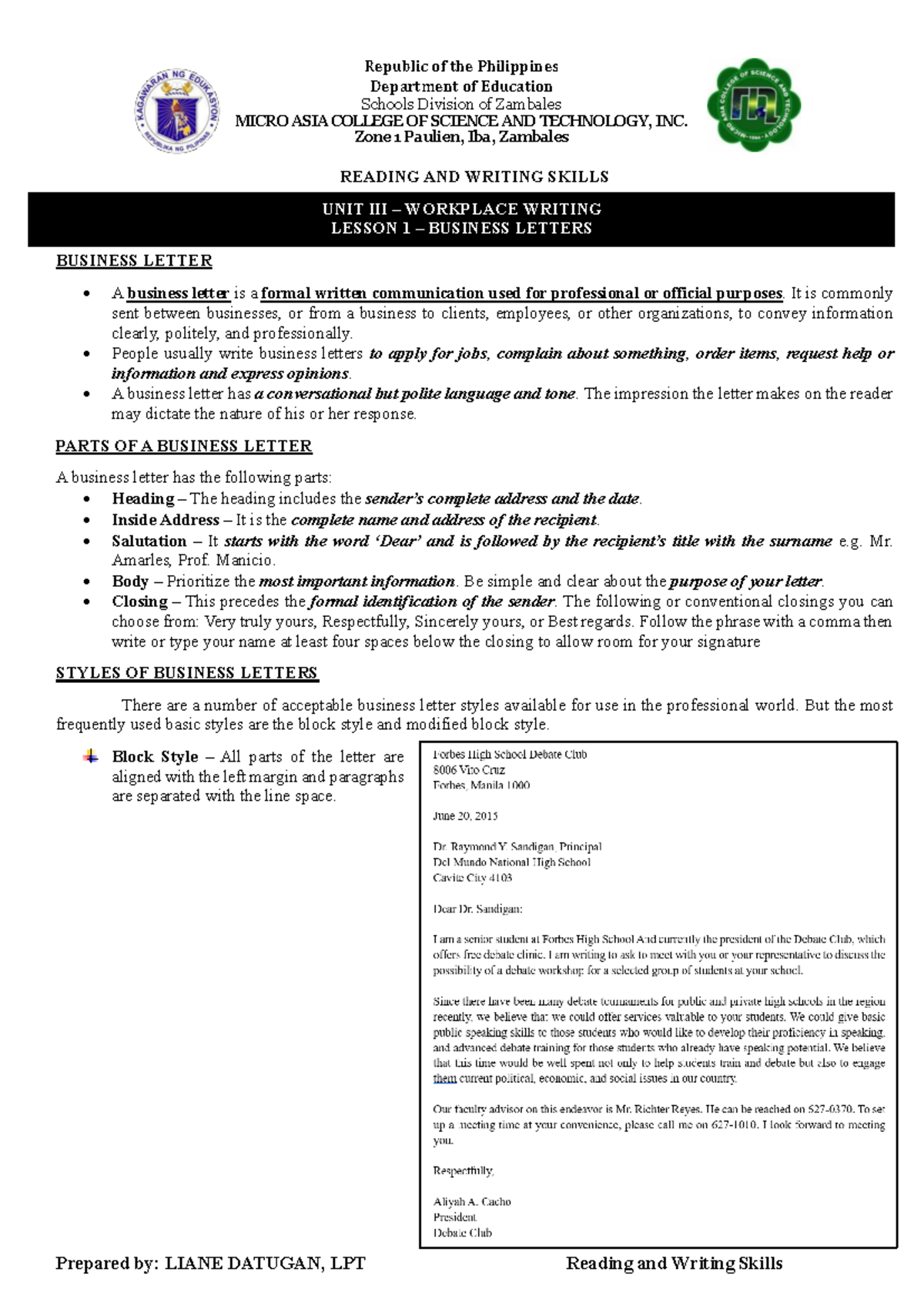 Reading and Writing Skills Q2 U3 L1: Business Letter Essentials - Studocu