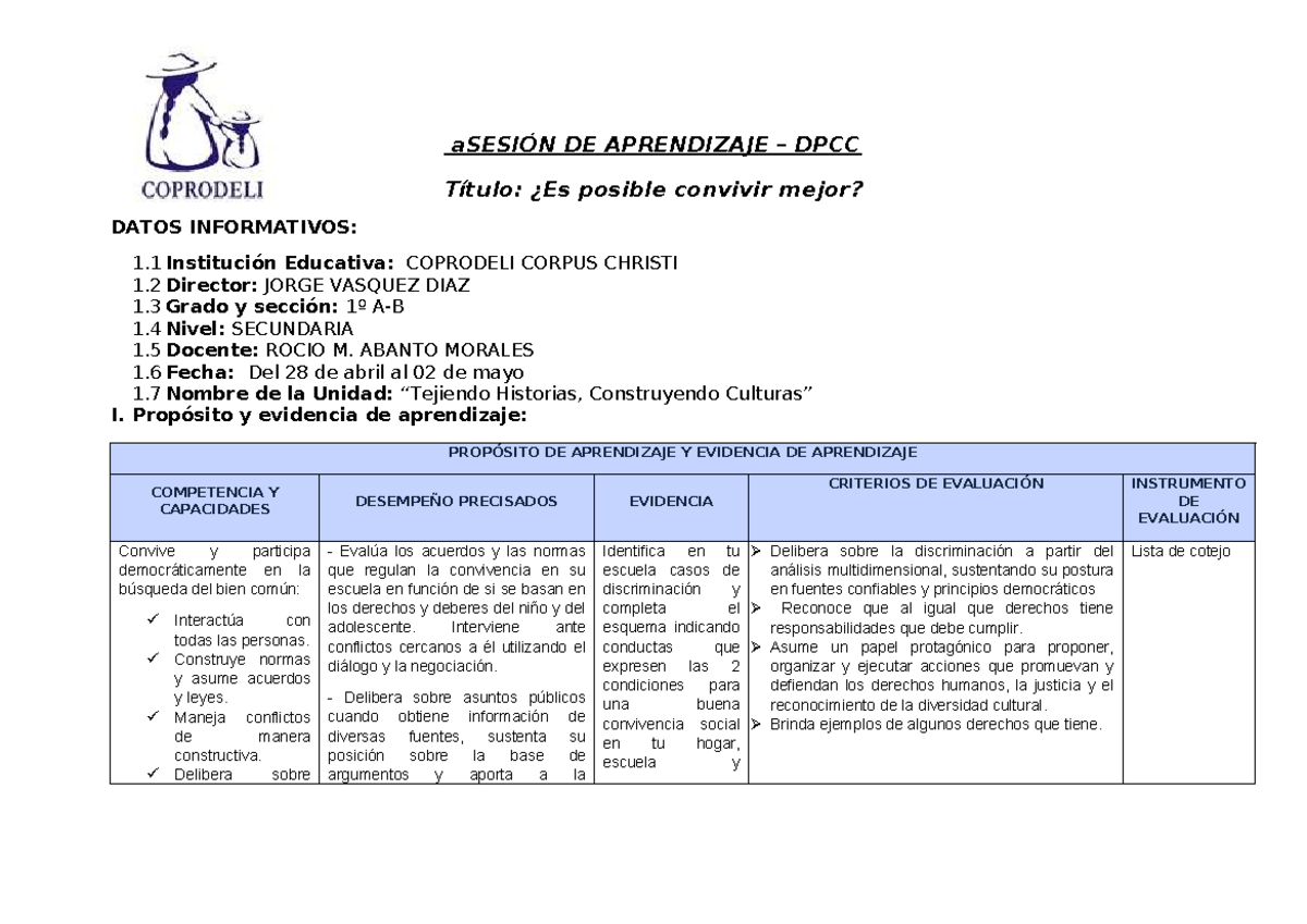 Sesión de Aprendizaje DPCC: Mejorando la Convivencia en 1º Secundaria - Studocu