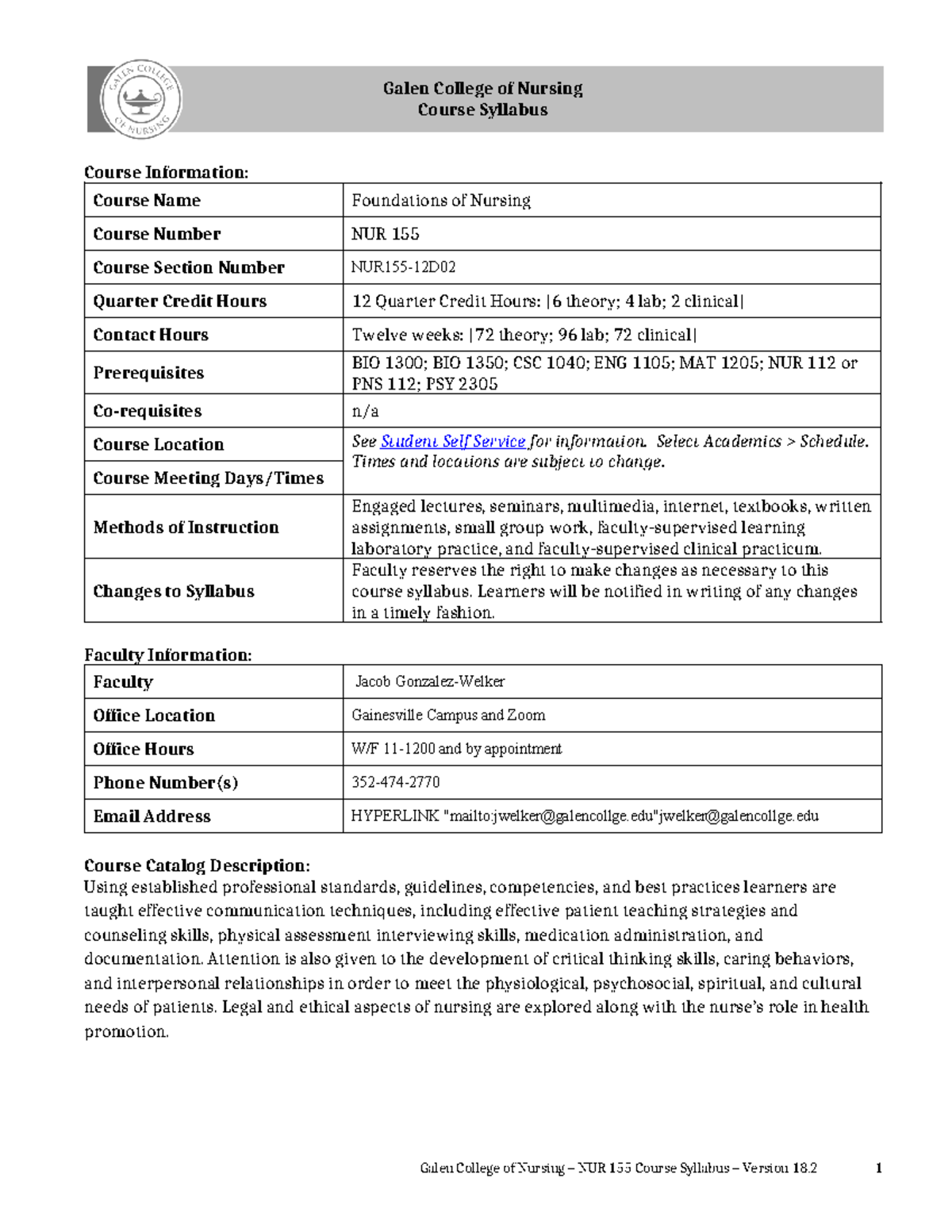 NUR 155 Foundations of Nursing Course Syllabus - Version 18-2 - Studocu