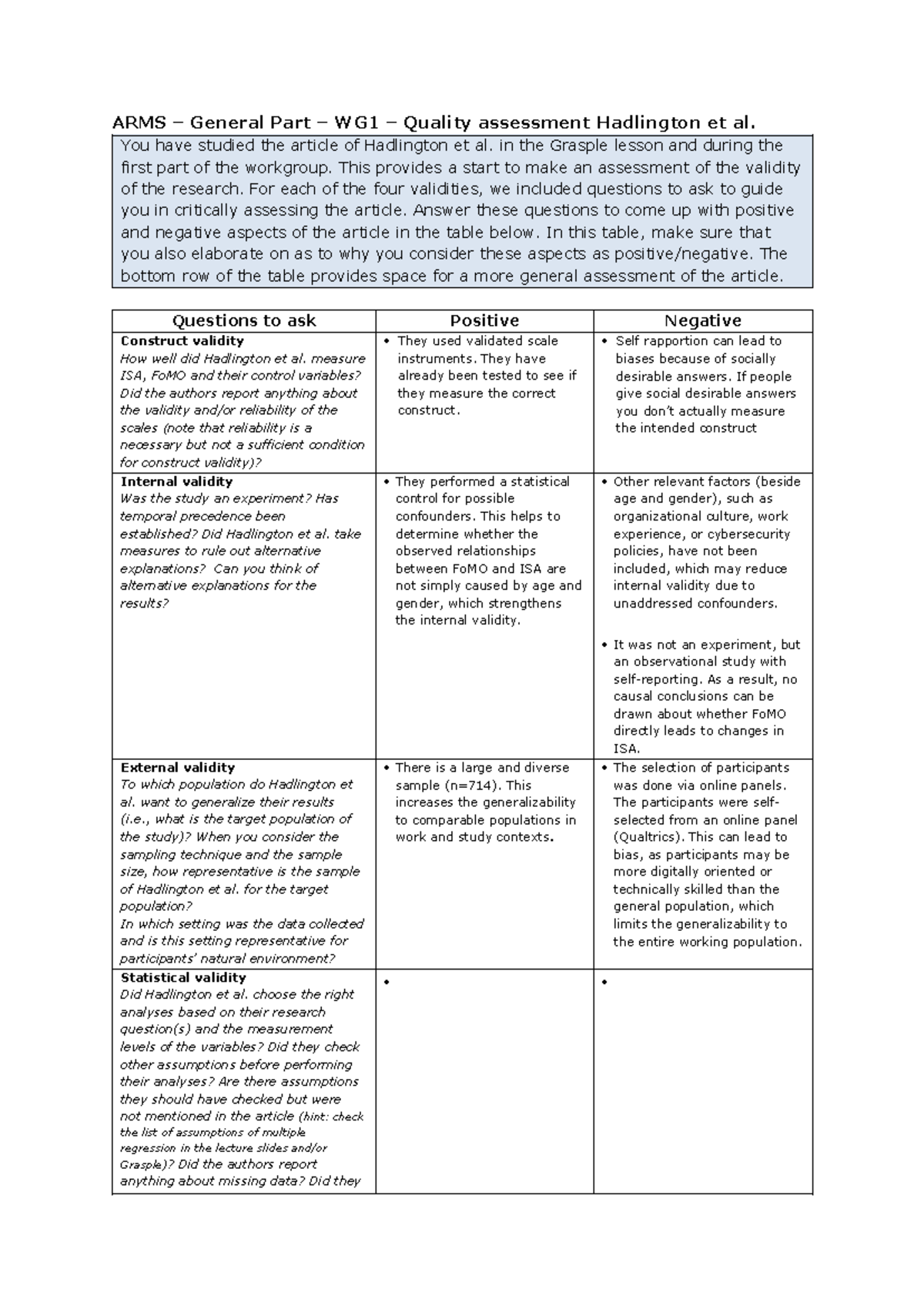ARMS WG1 Quality Assessment of Hadlington et al. Research Validity ...