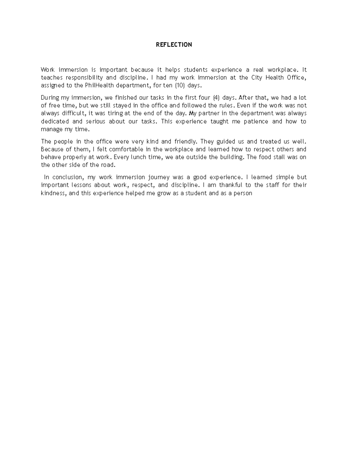 Reflection on Work Immersion Experience - ADADAD - Studocu