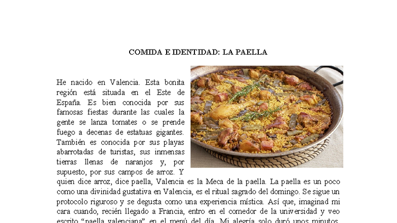 COMIDA E IDENTIDAD: LA PAELLA EN VALENCIA - Studocu