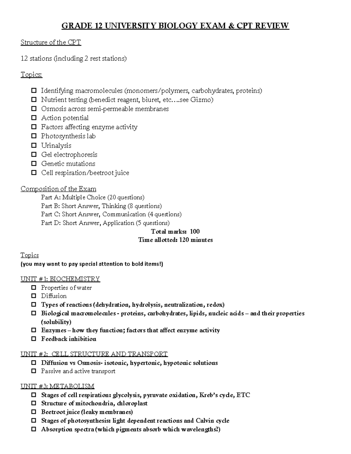 SBI4U1 Final Exam Review: Key Topics & Structure Overview - Studocu