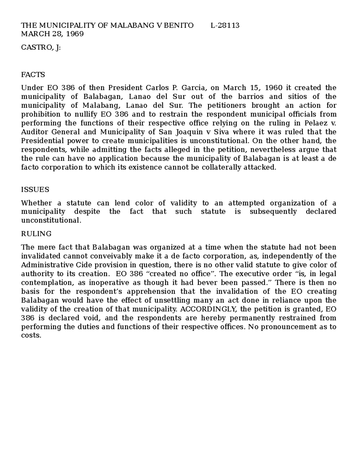 Municipality of Malabang v. Benito Case Digest (L-1969) Summary - Studocu