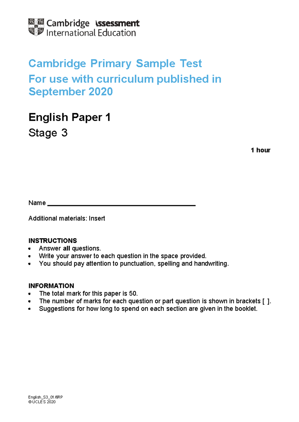 English Stage 3 Sample Test Paper 1 (tcm142 594871) - Studocu