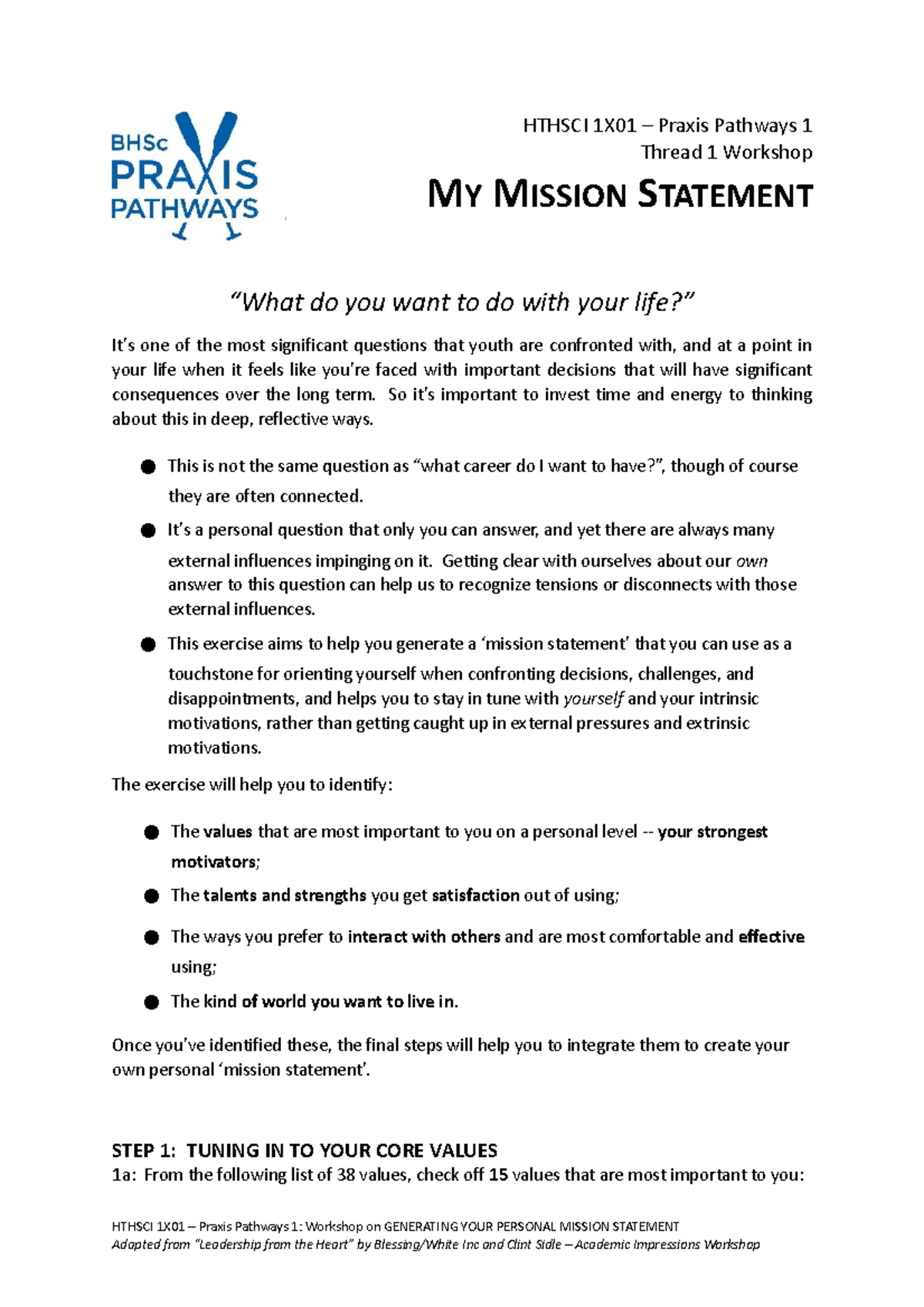 My Mission Statement Worksheet - HTHSCI 1X01 – Praxis Pathways 1 Thread ...