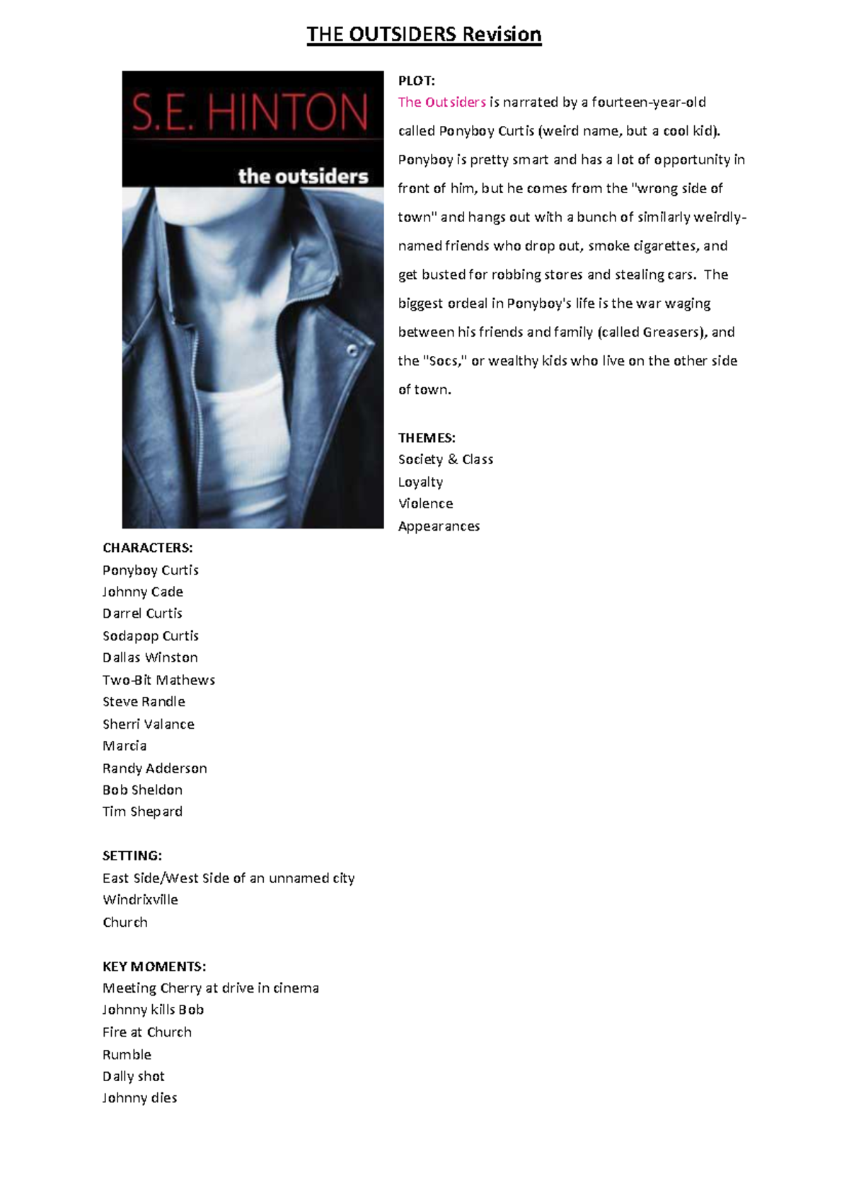 THE OUTSIDERS Revision Notes: Themes, Characters & Plot Analysis - Studocu