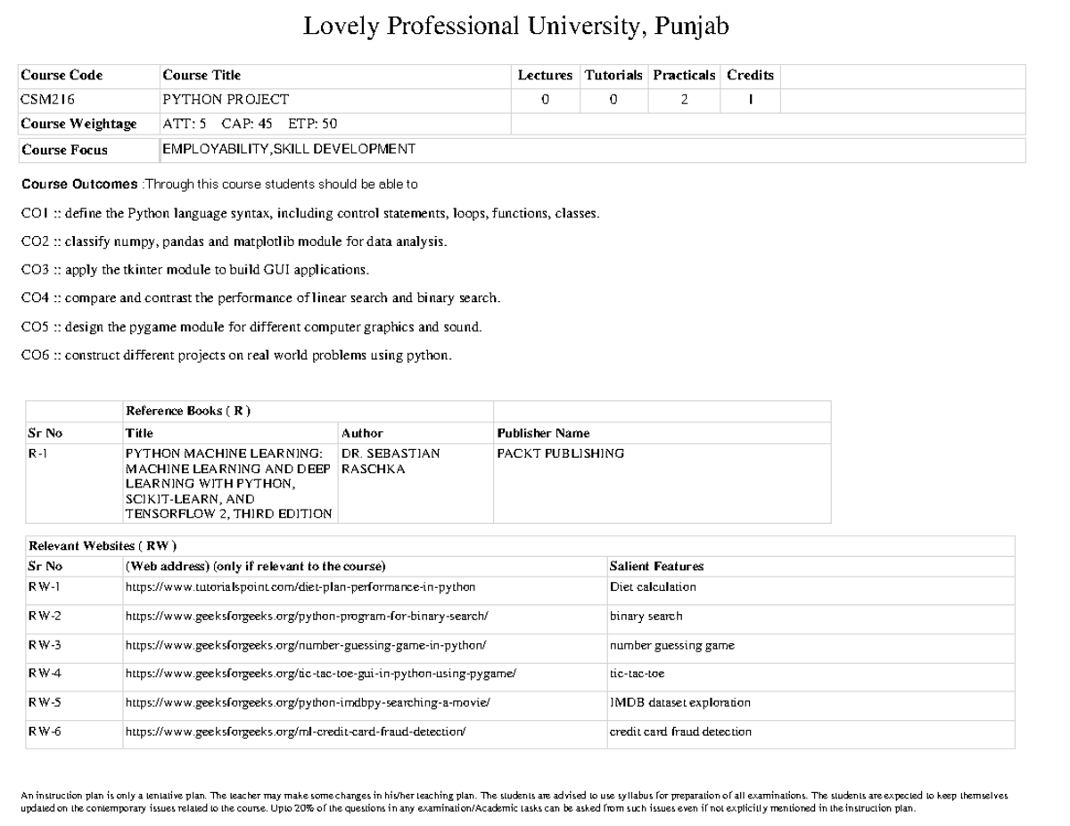 CSM216 Python Project - Syllabus and Practical Overview - Studocu