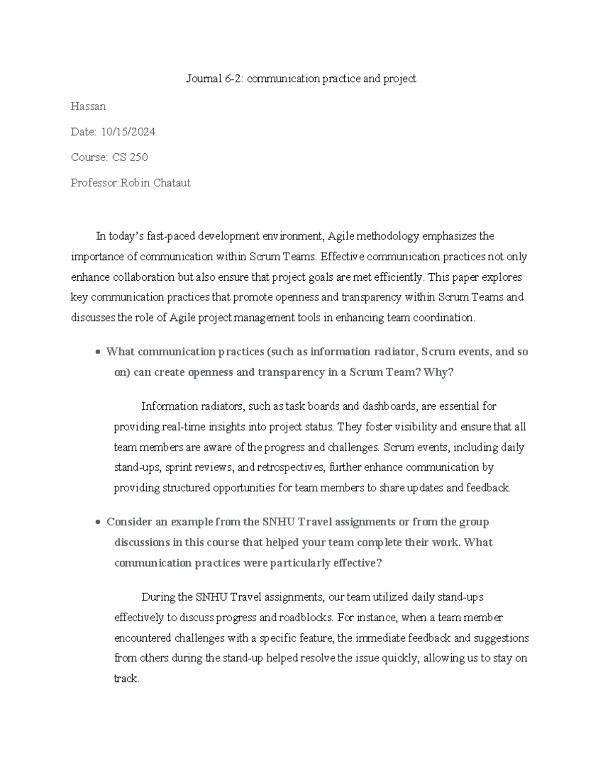 CS 250 Journal 6-2: Effective Communication in Agile Scrum Teams - Studocu