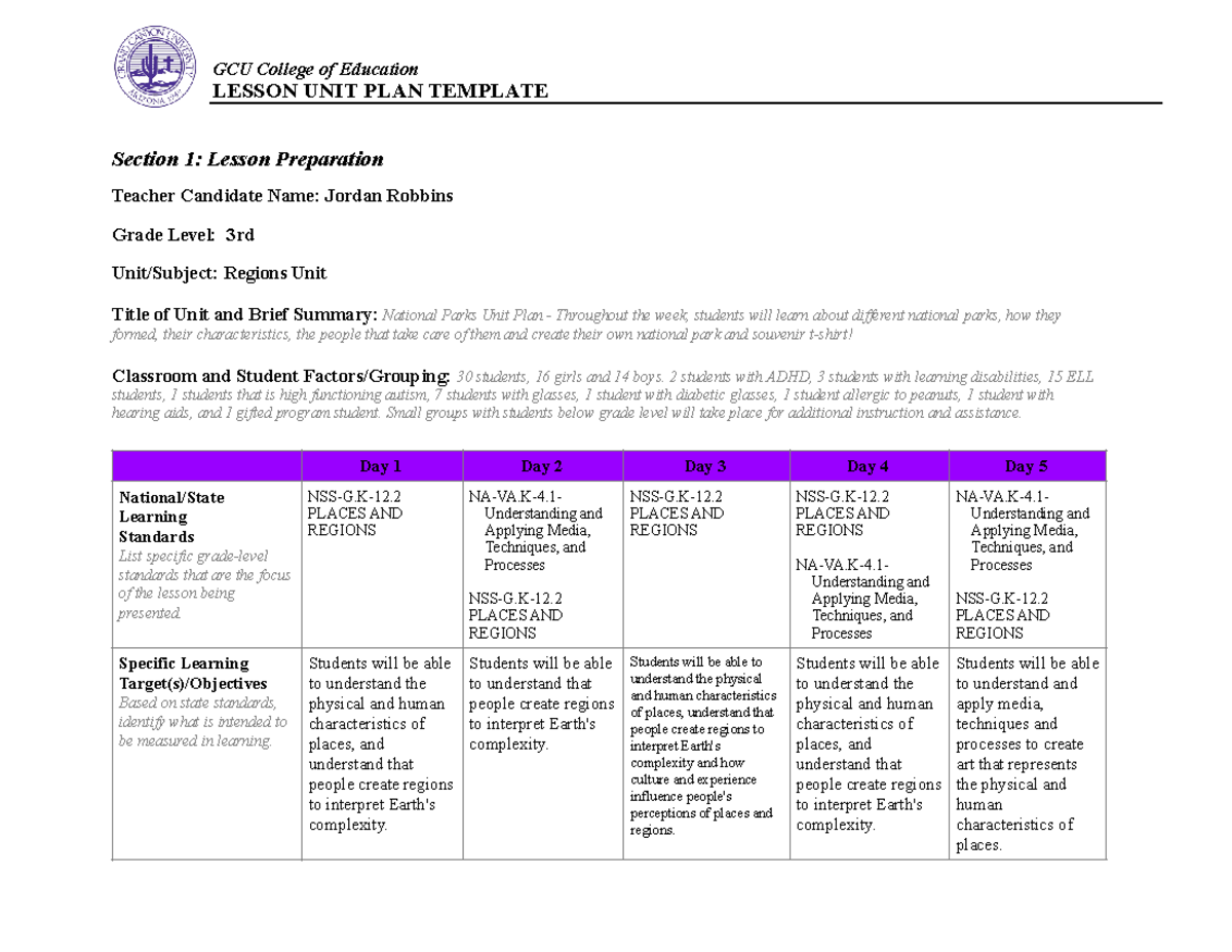 Unit plan template 5 day - Section 1: Lesson Preparation Teacher ...
