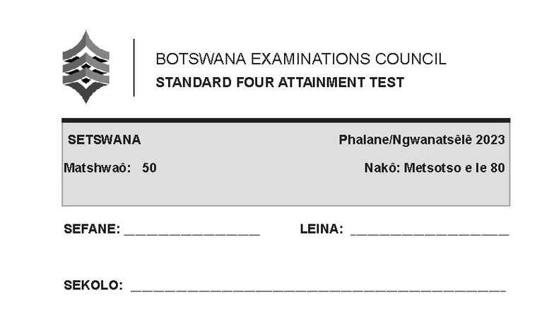 2023 STD 4 Setswana Exam Paper - Attainment Test - Studocu