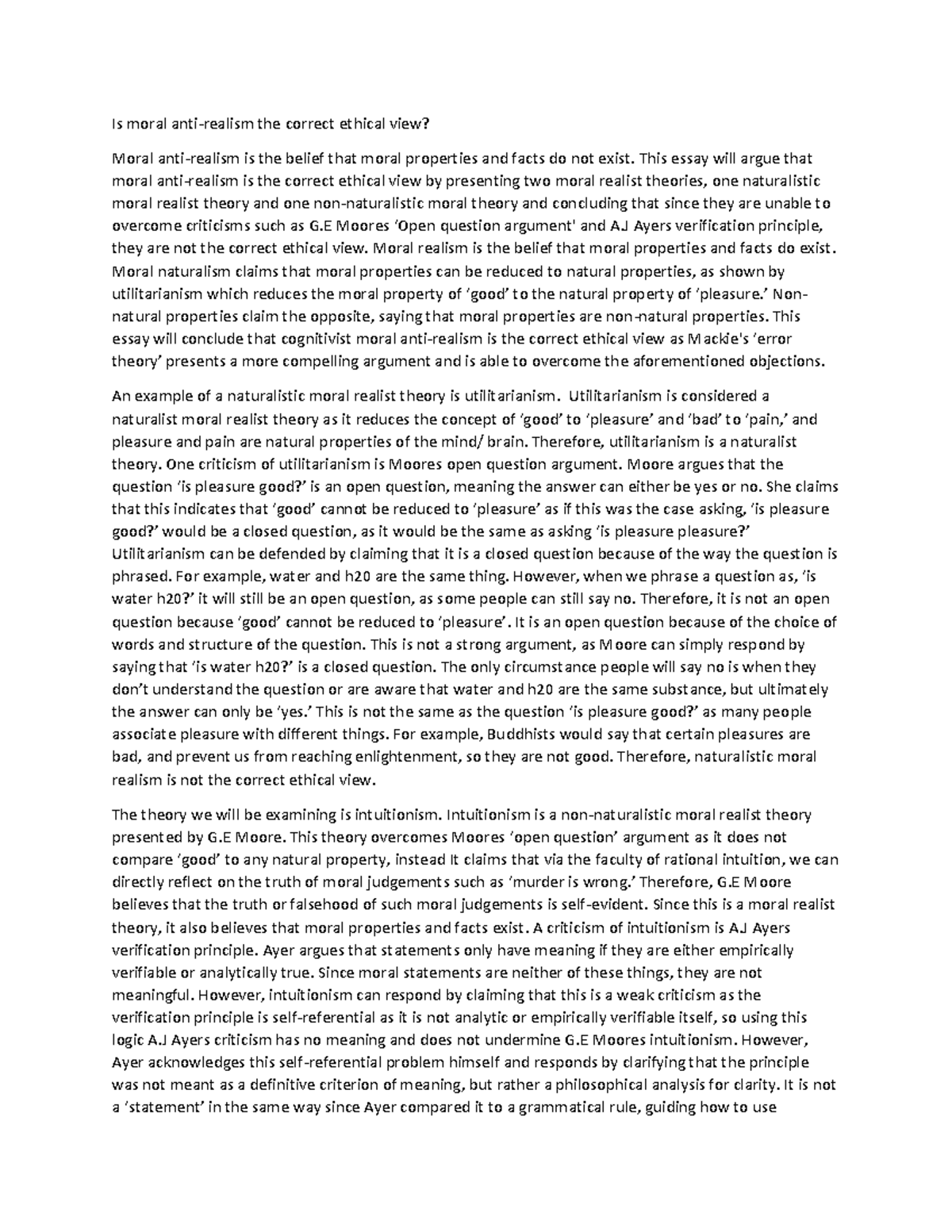 Moral Anti-Realism as the Correct Ethical View: An Argumentative Essay ...