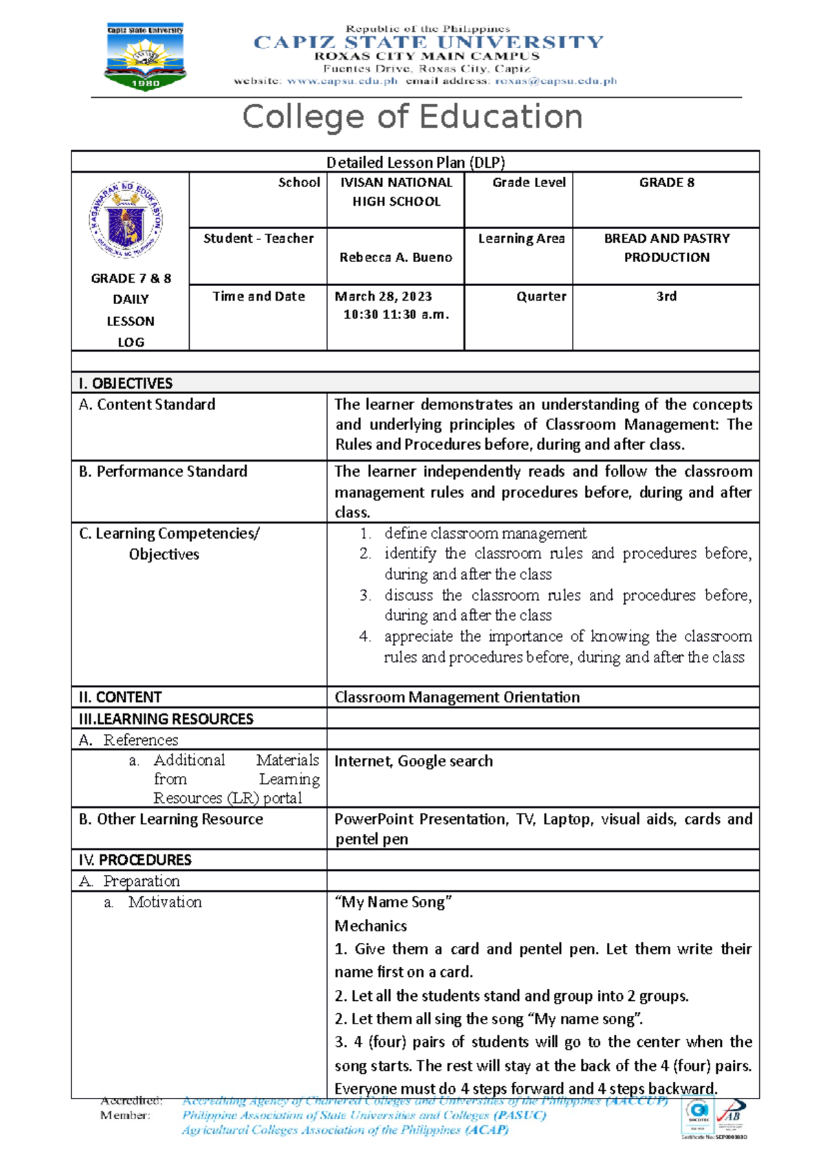 Orientation Lesson Plan for Classroom Management (GRADE 8) - Studocu