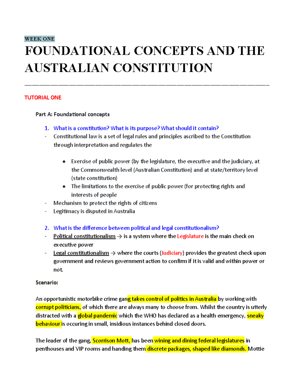 LAW101: Week 1 Tutorial Notes on Foundational Concepts & Constitution ...