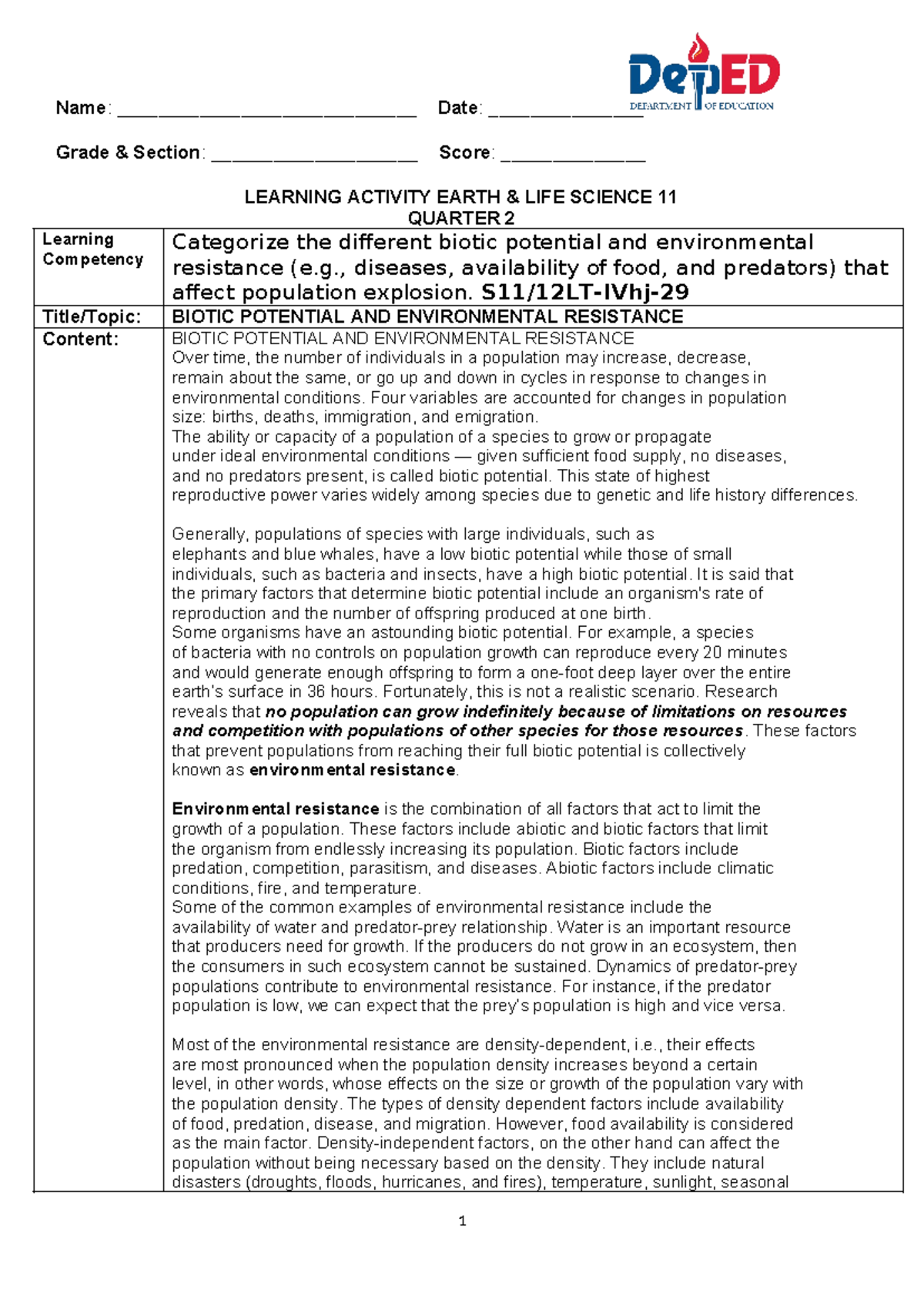 Science 11 - LEARNING SHEET - Name: _____________________________ Date ...