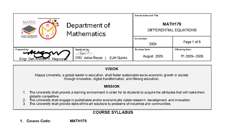 MATH179 Syllabus: Differential Equations Course Overview and Details ...