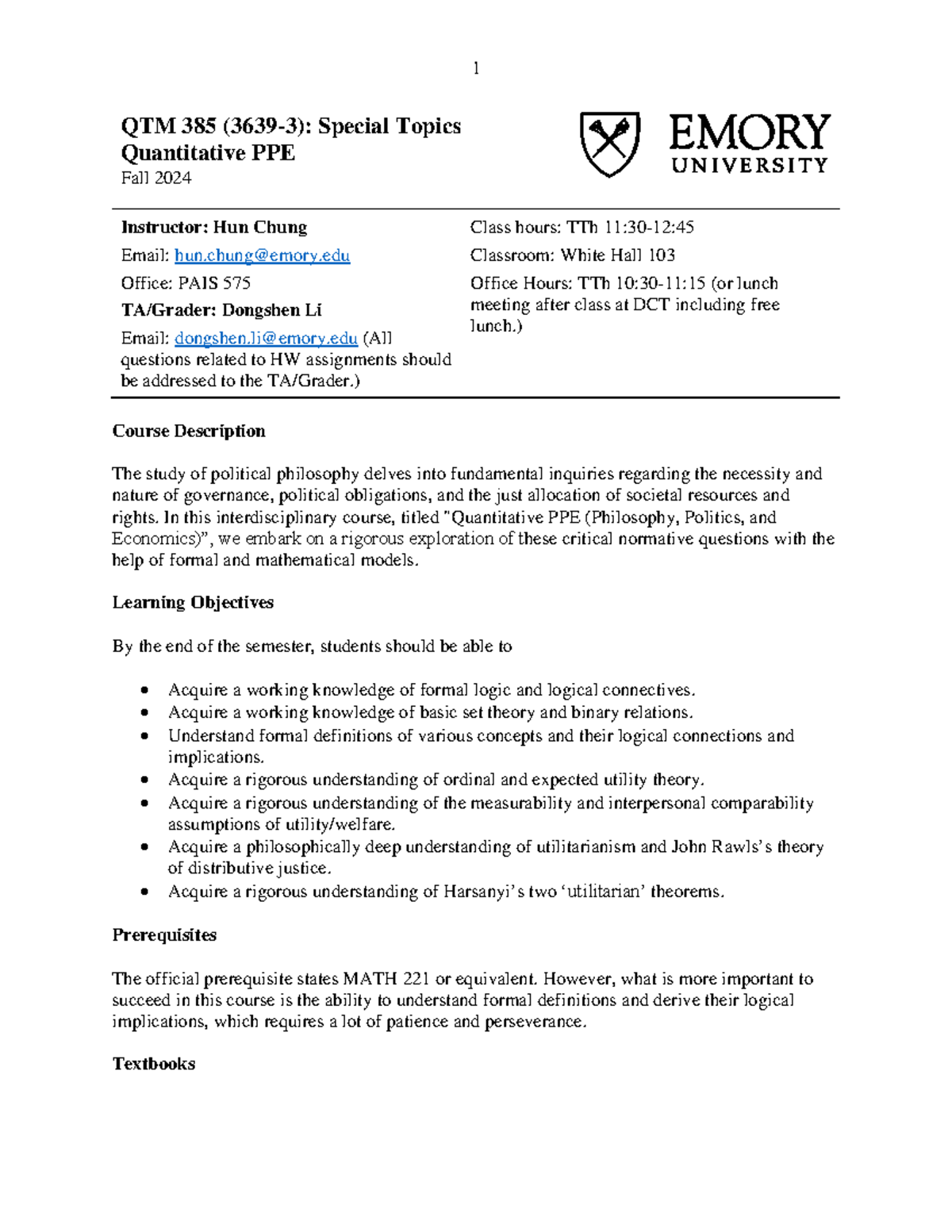 [2024-FALL] QTM 385 Quantitative PPE (TTh 1130-1245, White Hall 103) (Hun Chung) - QTM 385 (3639 ...