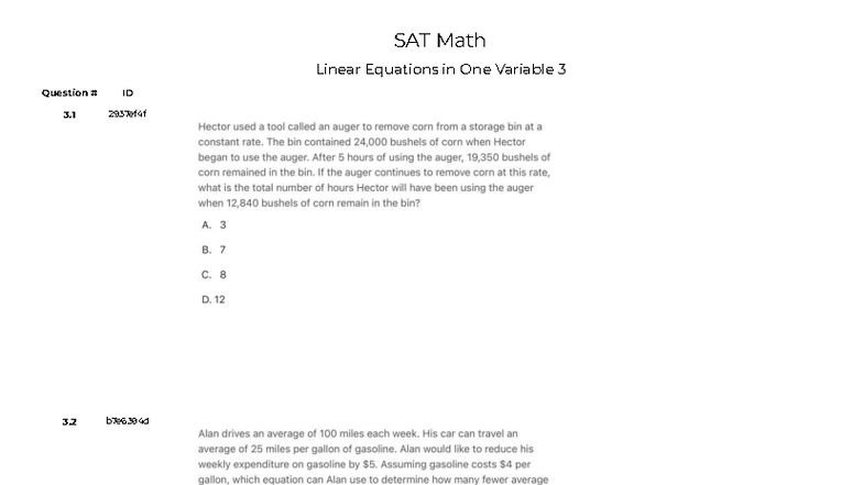 SAT Math: Linear Equations in One Variable 3 Questions - Studocu