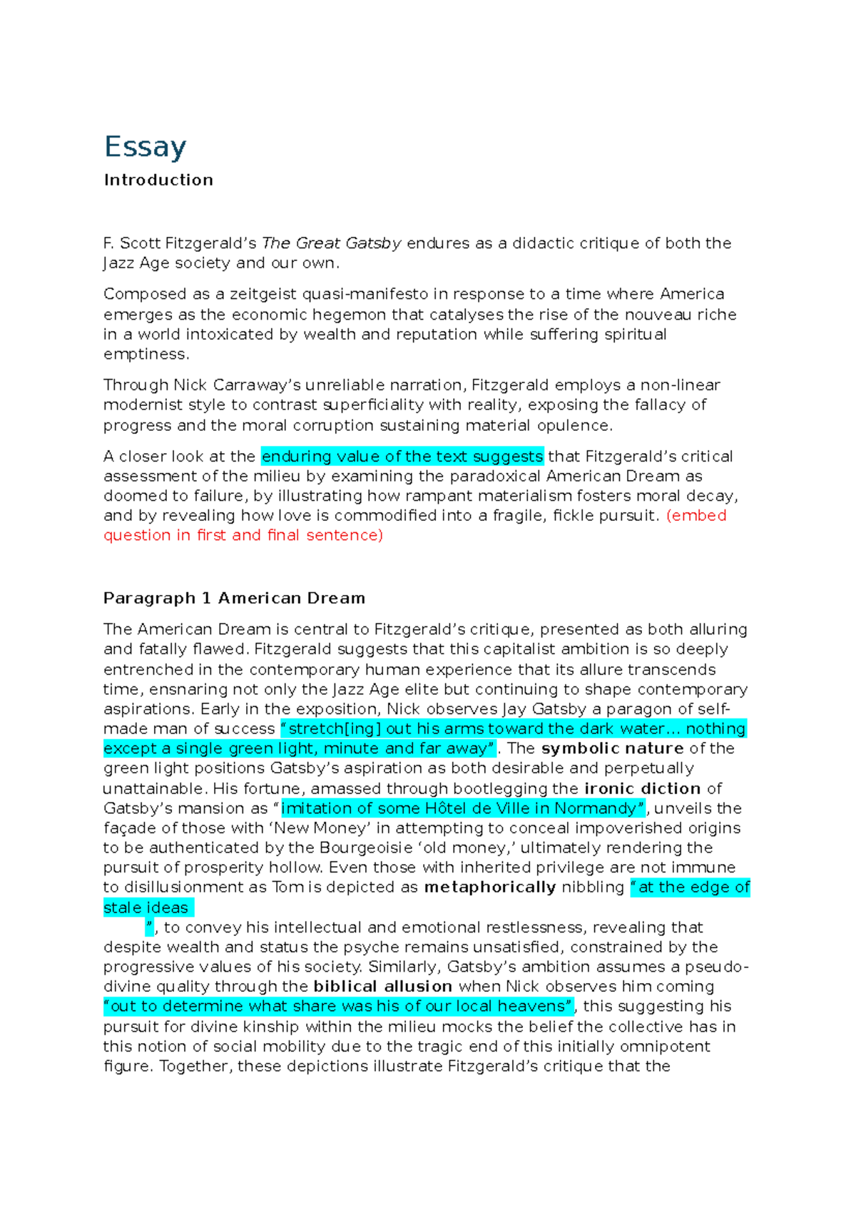 Essay Analysis: The Great Gatsby (ENG 101) - A Critique of the American ...