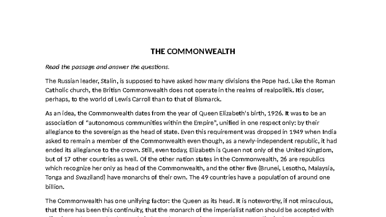 The Commonwealth: A Reading Guide and Analysis - Studocu