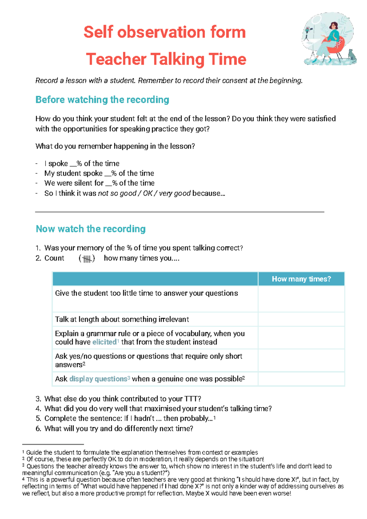 Self Observation Form: Teacher Talking Time Analysis 011818 - Studocu