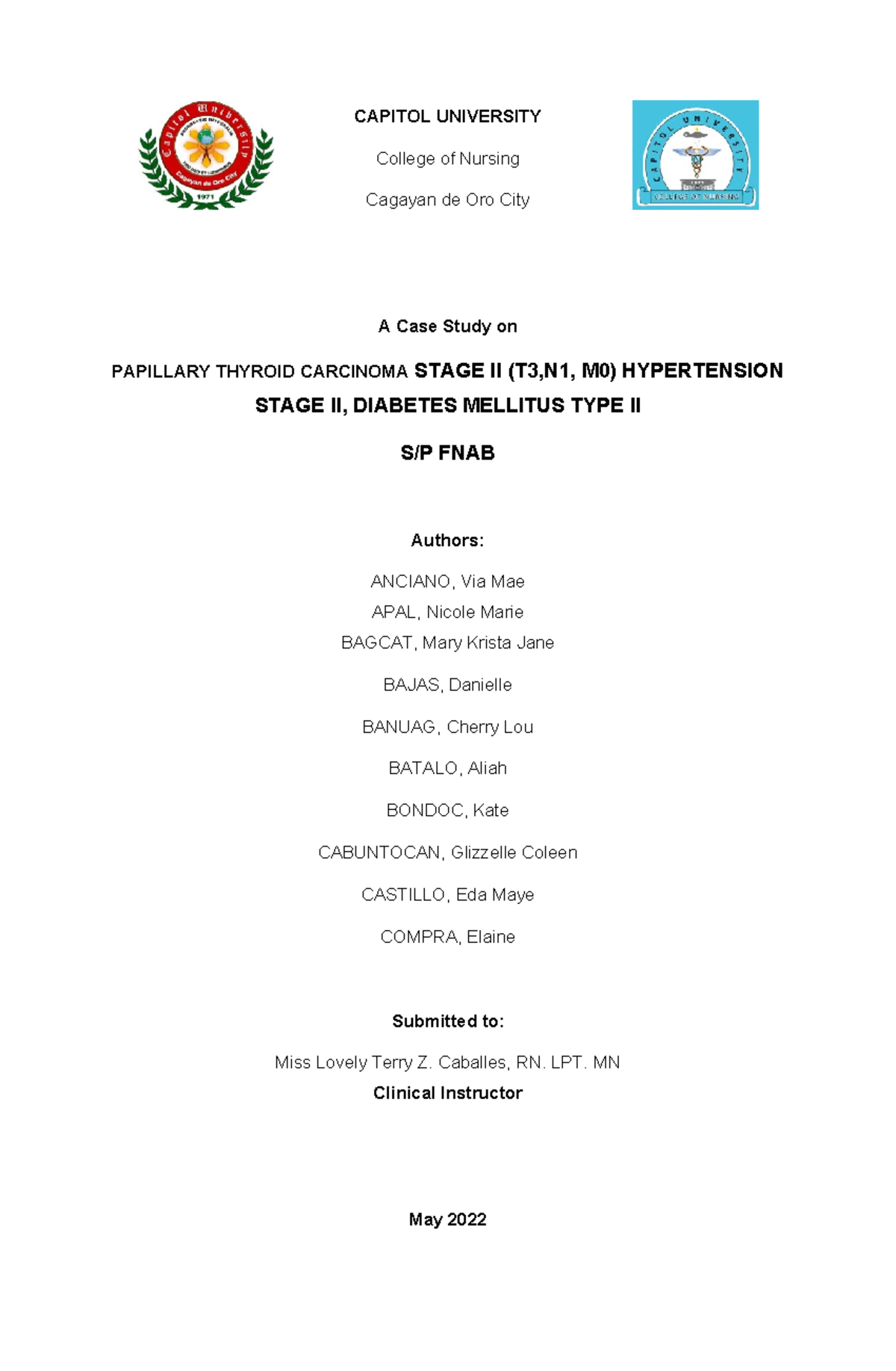 Case Study on Papillary Thyroid Carcinoma (NUR 202) - Stage II Analysis ...