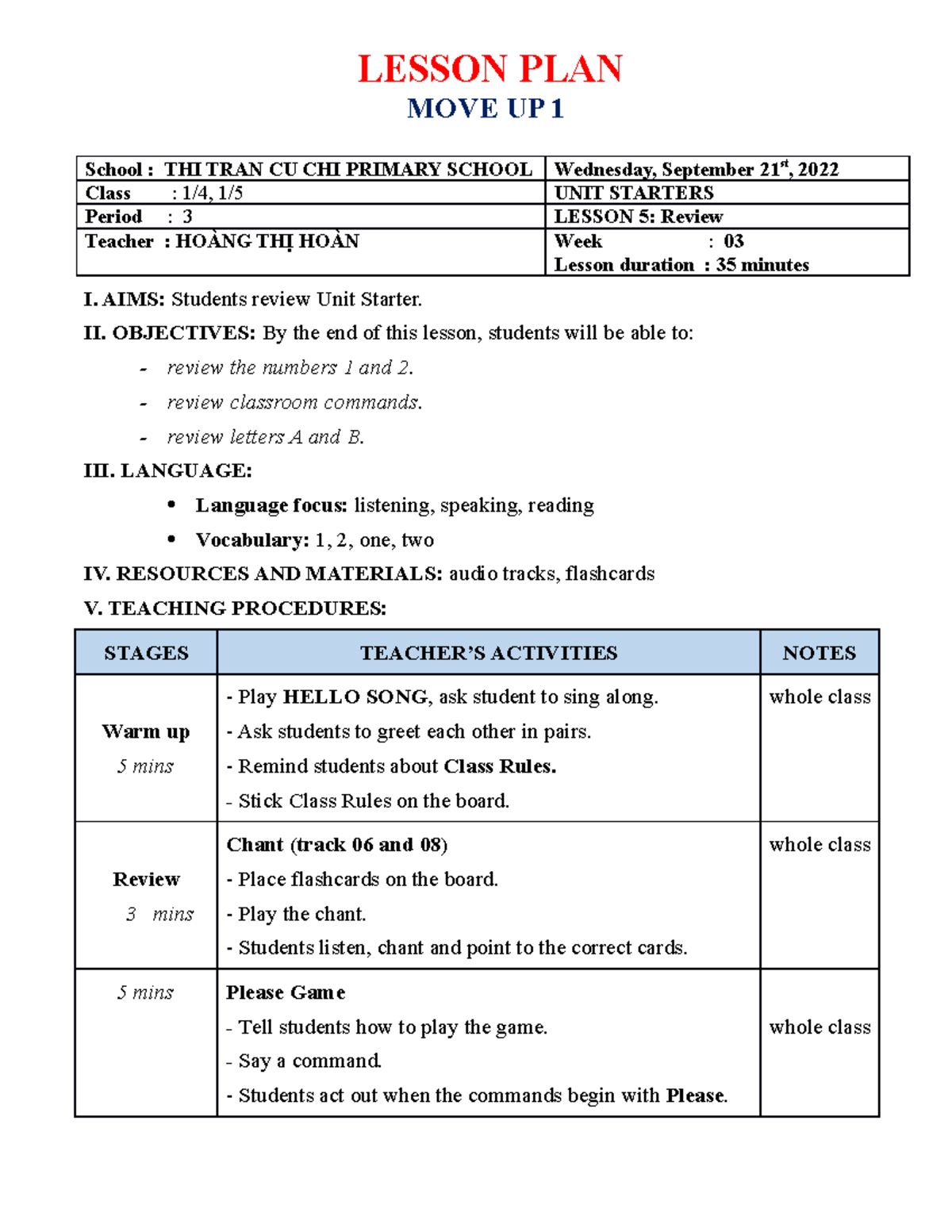 G1 - Move Up 1 - Lesson Plan Week 3: Unit Starters Review - Studocu