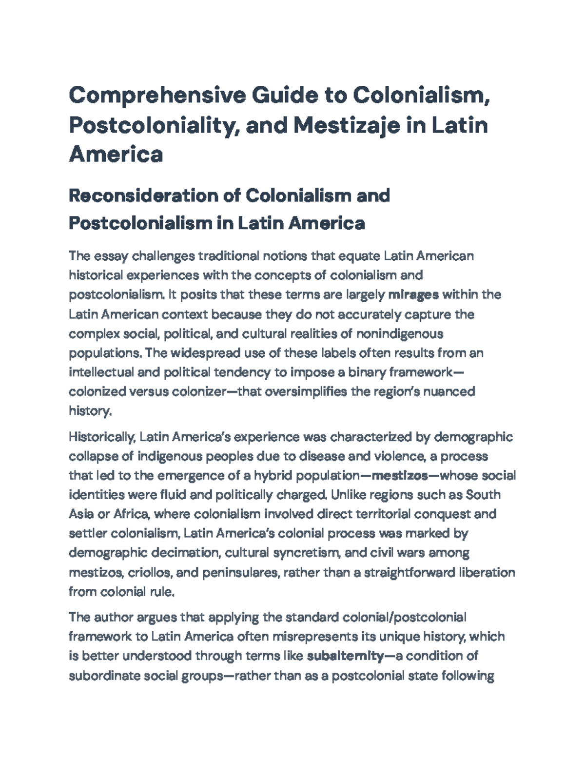Comprehensive Overview of Colonialism, Postcoloniality, and Mestizaje ...