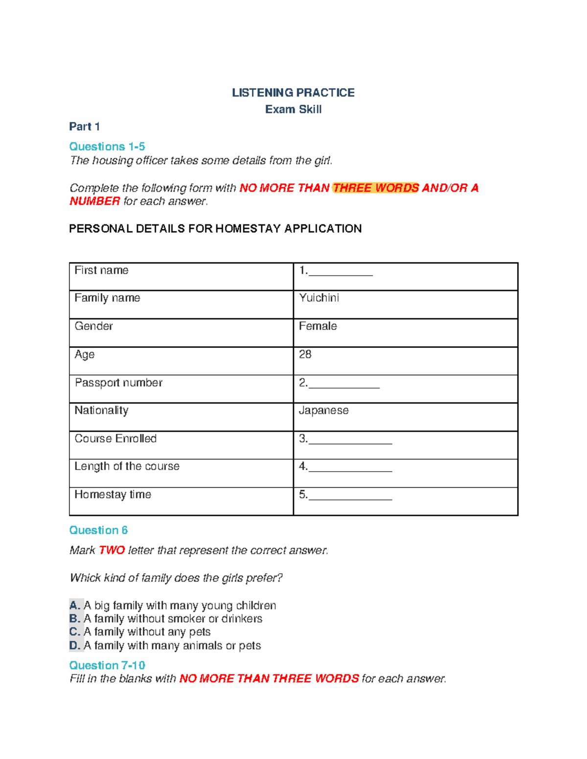 Listening Practice 3 - LISTENING PRACTICE Exam Skill Part 1 Questions 1 ...