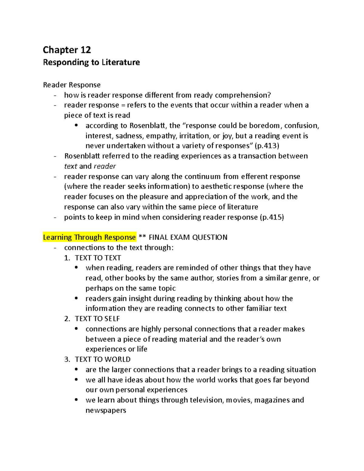 Responding to Literature - lecture notes - Chapter 12 Responding to ...
