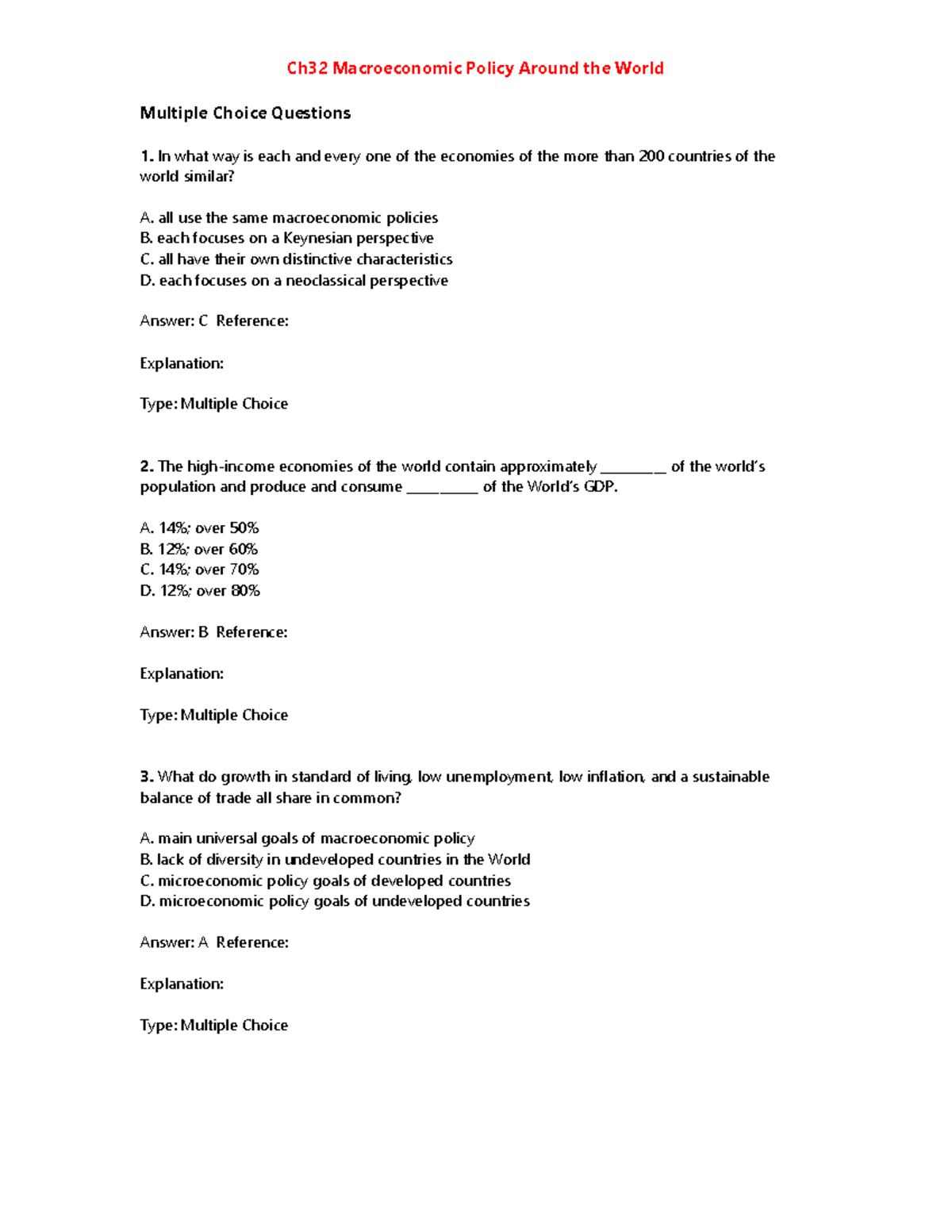 Ch32 Macroeconomic Policy: Multiple Choice Questions Overview - Studocu