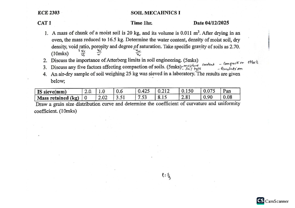 ECE 2303 Soil Mechanics I CAT 1 Exam Review and Practice - Studocu